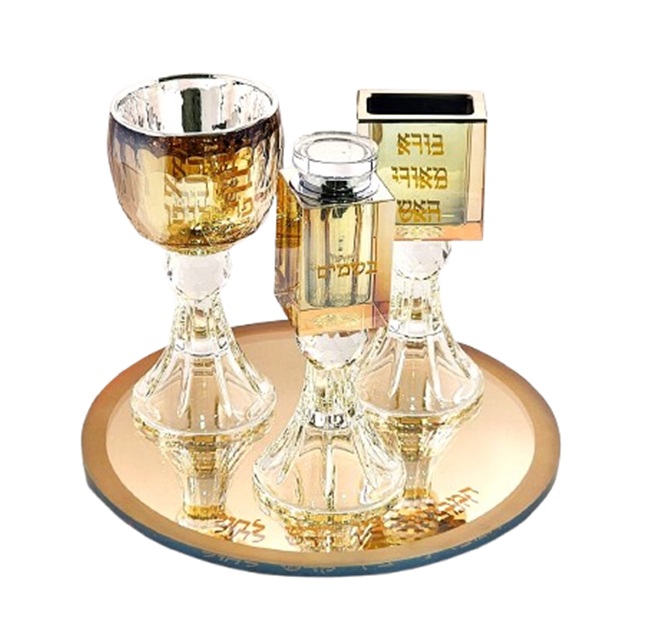 סט הבדלה קריסטל קלאסיק לוטוס זהב כולל מגש - שמחי ובניו